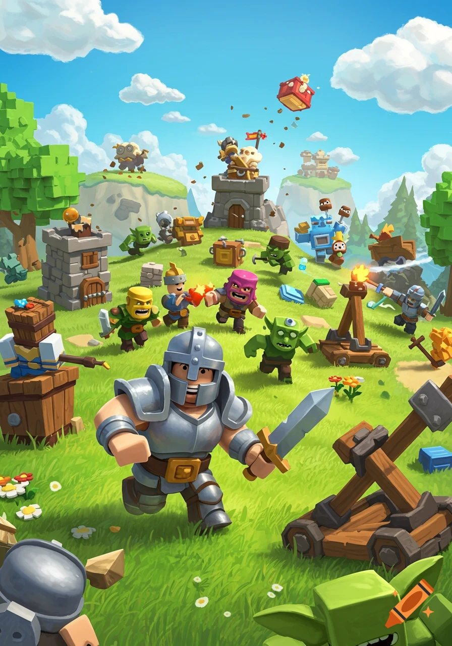 Colorful cartoon battle scene with blocky knights, goblins, catapults ...