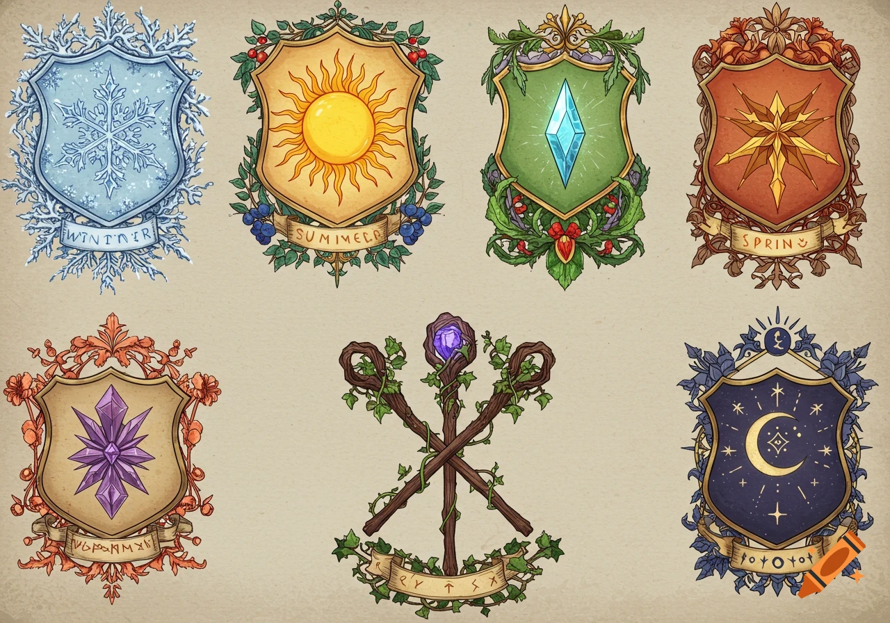 Five stylized symbols: a green tree, red flame, blue wave, brown ...