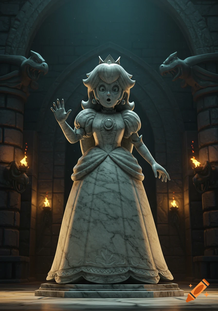 A surprised marble statue of Princess Peach stands in a dark, gothic ...