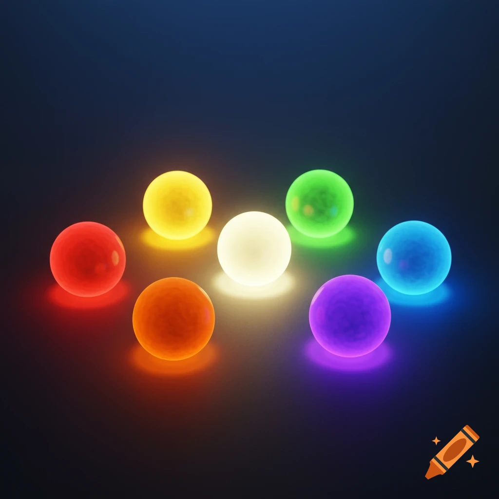 Seven glowing orbs in various colors Hue (Color): red, orange, yellow ...