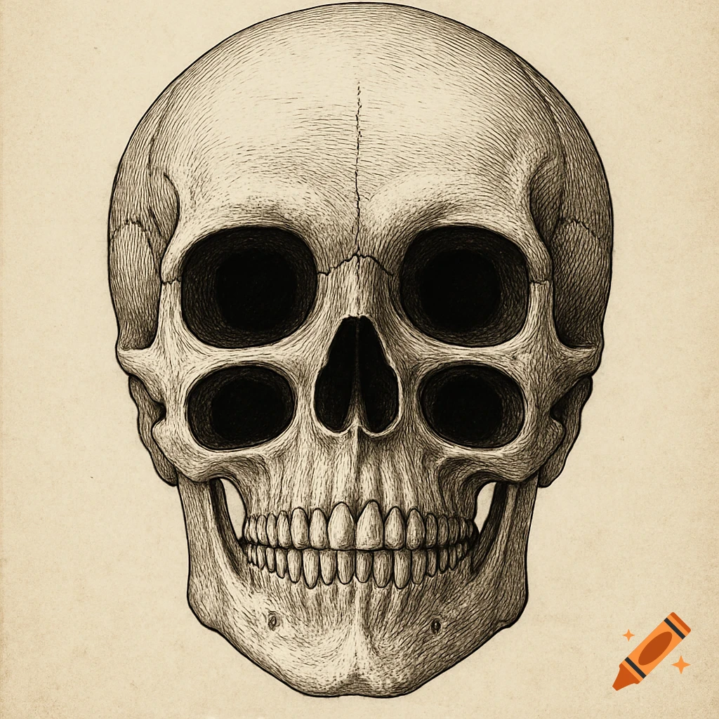 Anatomical drawing of a realistic skull with four eye sockets on a ...