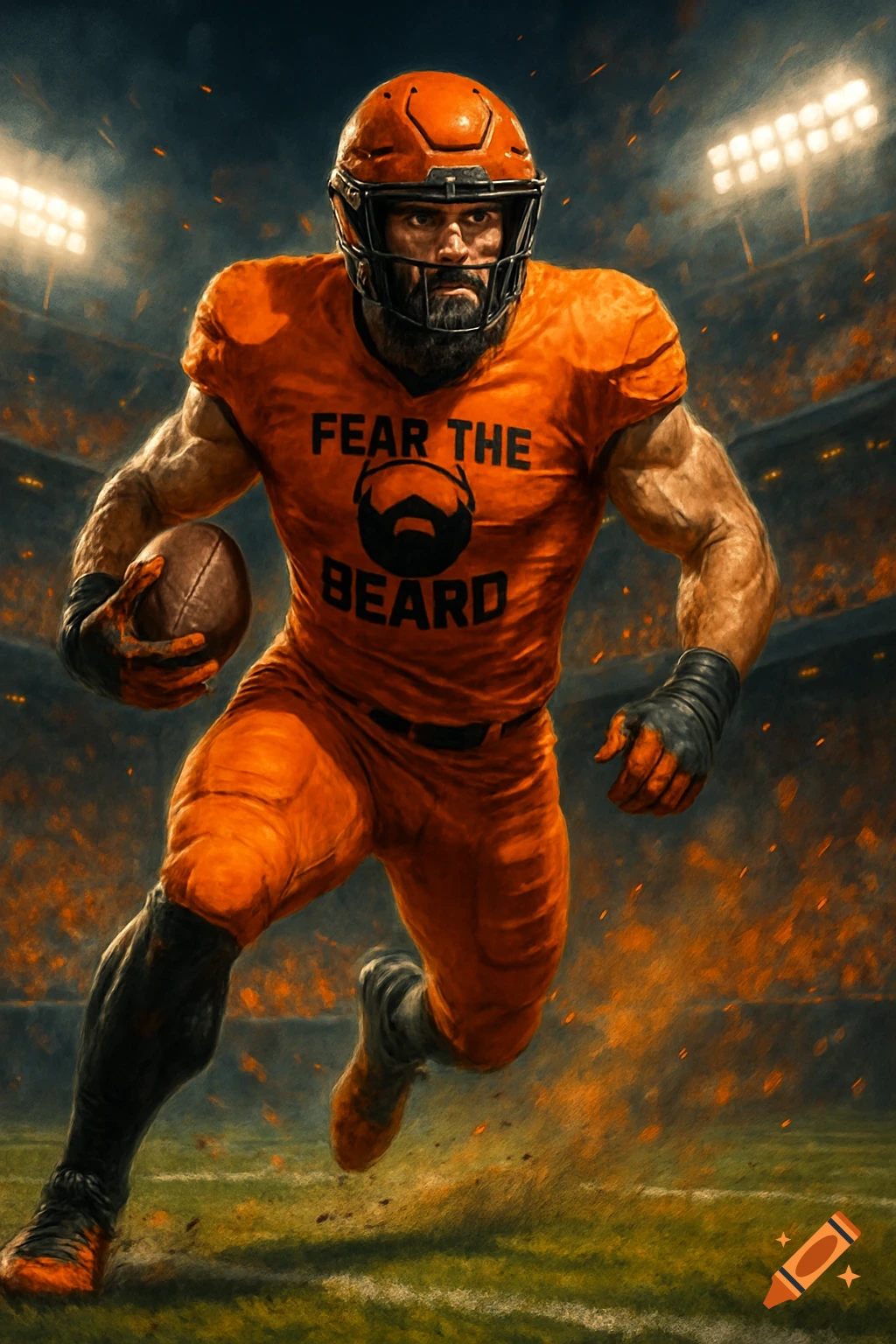 A muscular football player in an orange uniform and black helmet runs ...