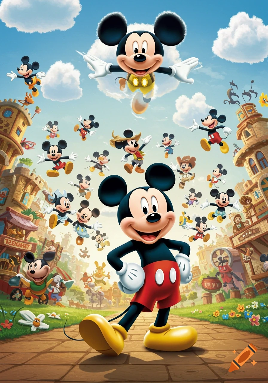 A Disney Pixar style poster with a large Mickey Mouse in the foreground ...
