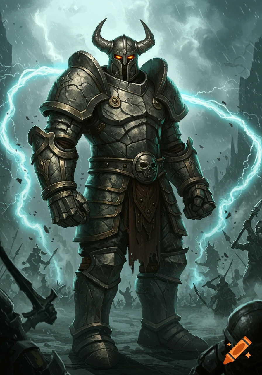 A heavily armored stone giant with glowing red eyes and runes stands ...