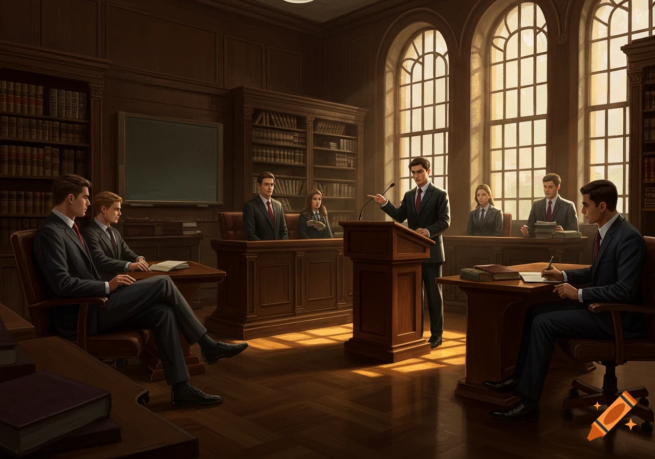 A crying young girl stands in a dimly lit, gothic courtroom with a ...