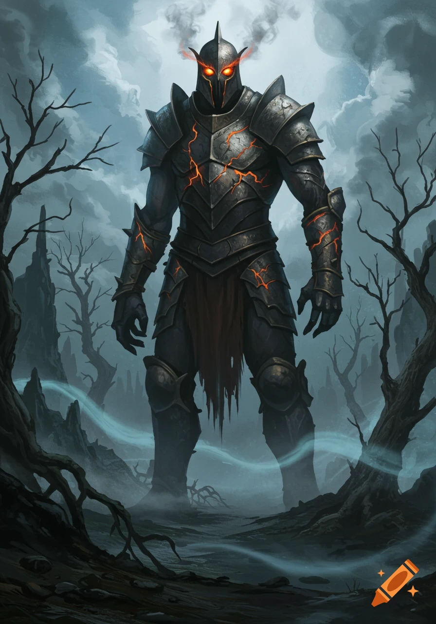 Towering dark armored giant with glowing orange cracks and red eyes in ...