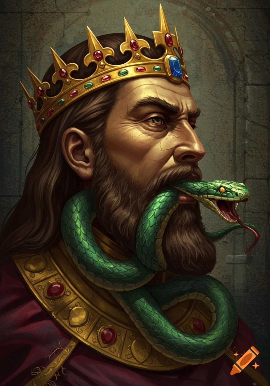 An ornate illustration of a King of Clubs playing card, featuring a ...