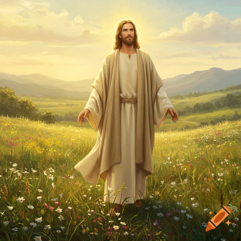 Jesus stands in a sunlit field of wildflowers, arms slightly open, with ...
