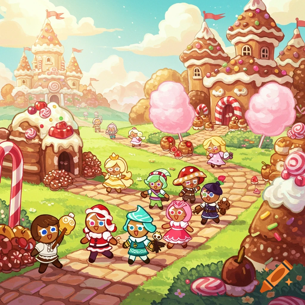 Cartoon gingerbread and cookie characters battle in a fiery volcanic ...