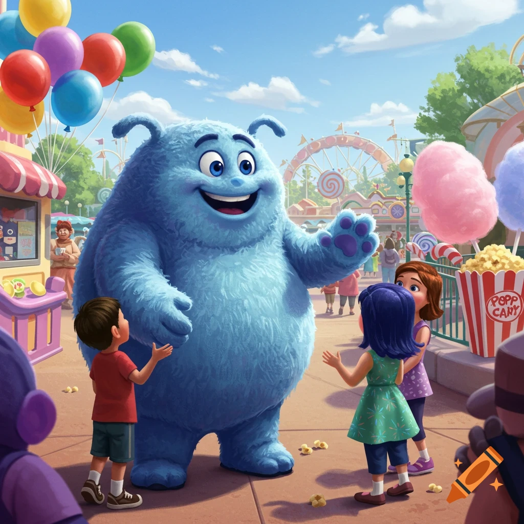 A large, fluffy blue cartoon character waves at children in a sunny theme park with balloons and ...