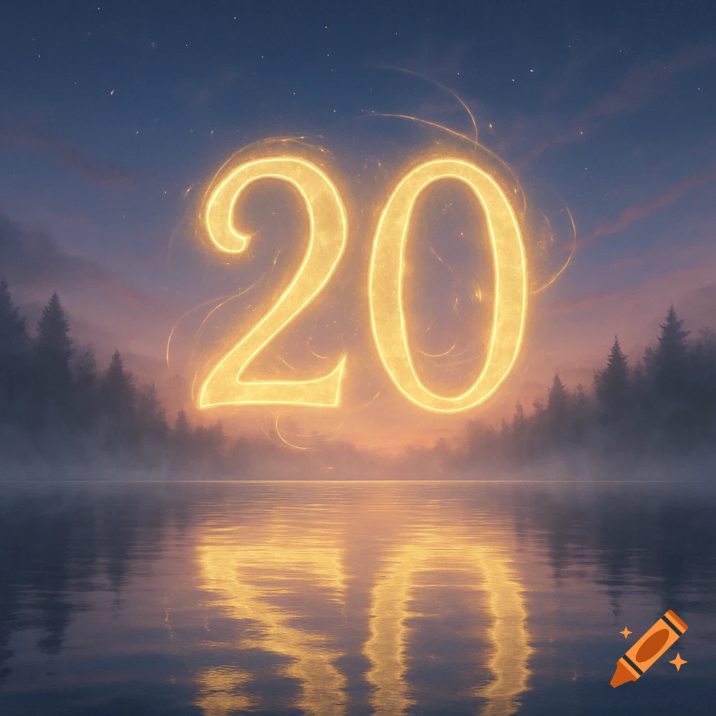 Glowing golden number 20 reflecting on a misty lake with a forest ...