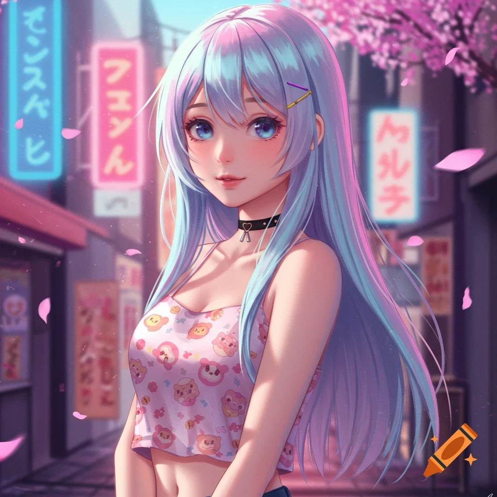 A cheerful pregnant anime woman with colorful hair stands in a vibrant ...