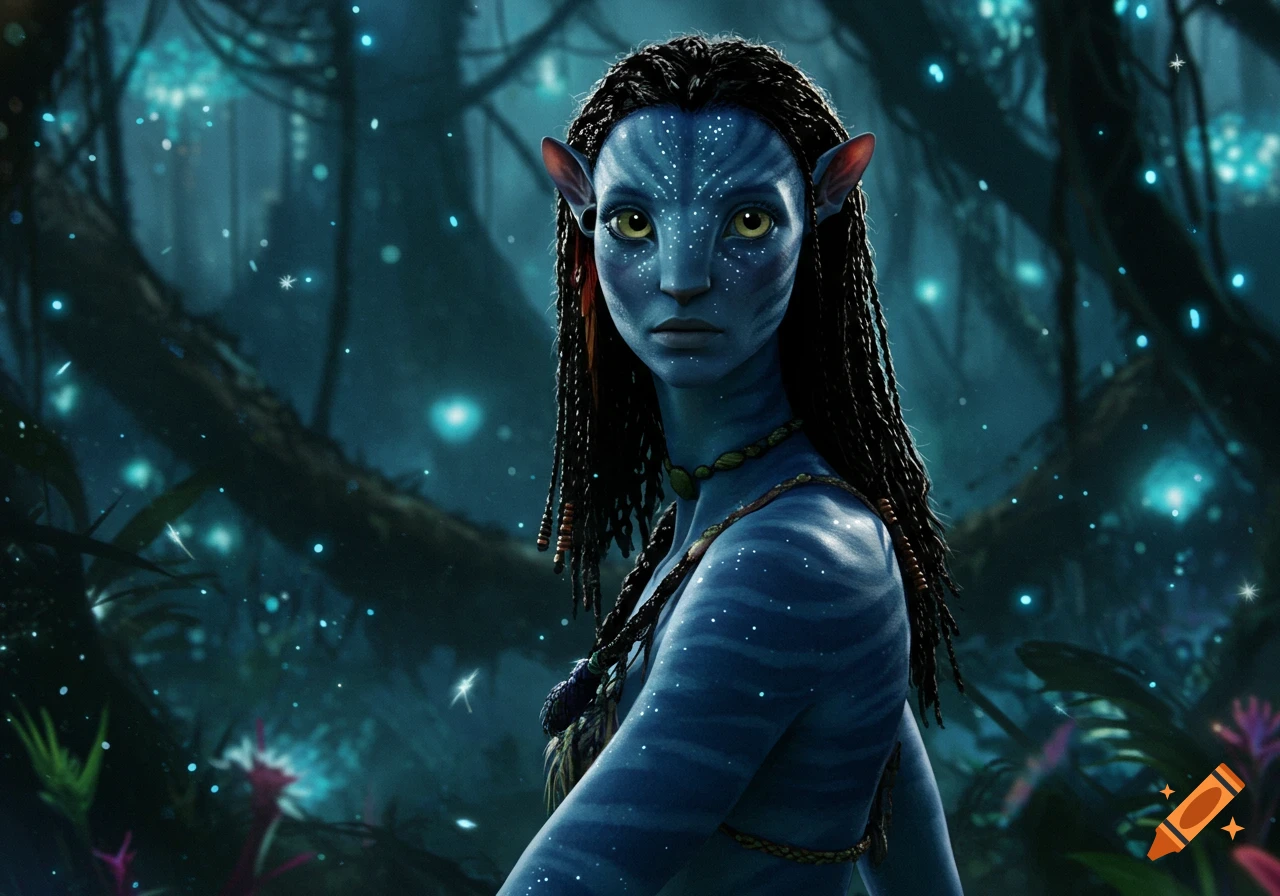 Close-up of a blue-skinned Na'vi woman with braids, feathers, and ...