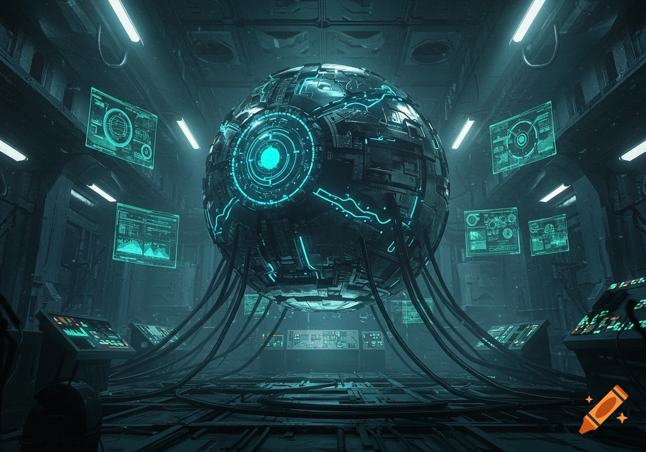 A white spherical robot turret with a red laser beam, standing in a ...