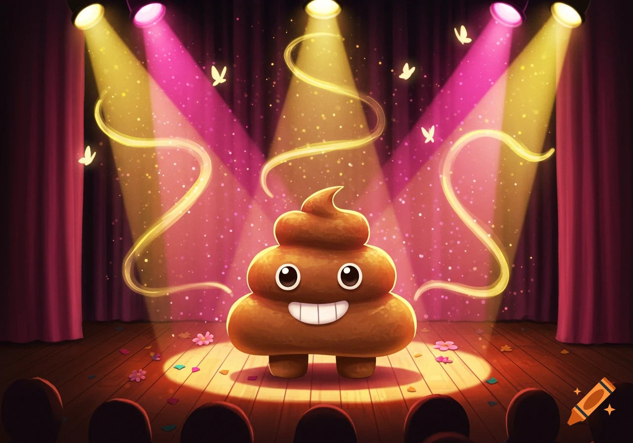 A cartoon angry poop character stands in a stormy desert landscape with ...