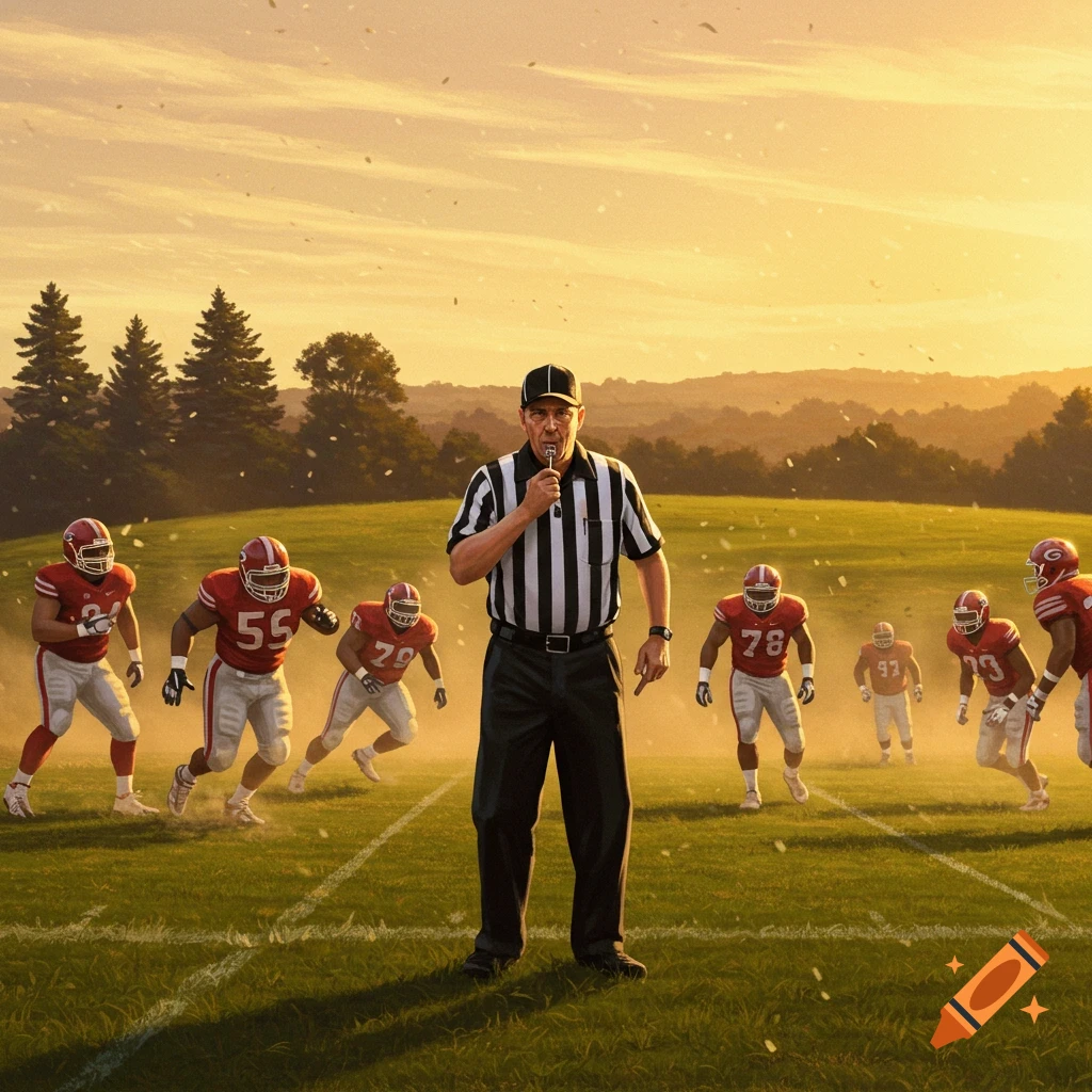 A football referee stands in the foreground, blowing a whistle, while ...