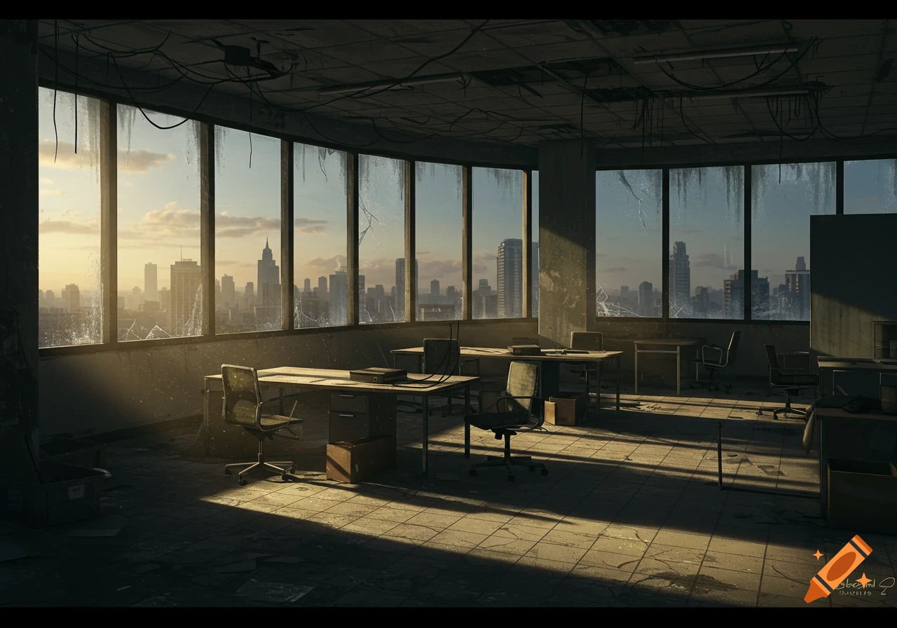 An abandoned, decaying office room with desks and chairs, broken ...