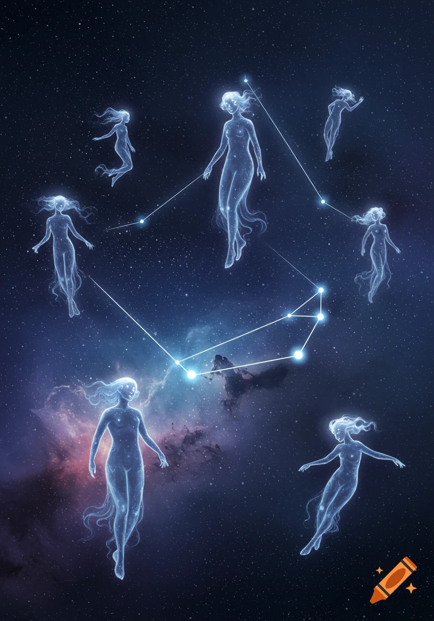 Seven ethereal, glowing female figures float in a dark, star-filled ...