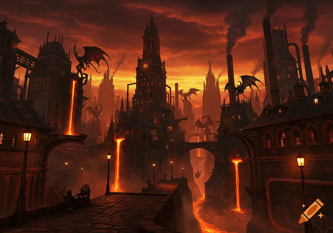 A dark, gothic steampunk city with tall buildings, lava flowing through ...