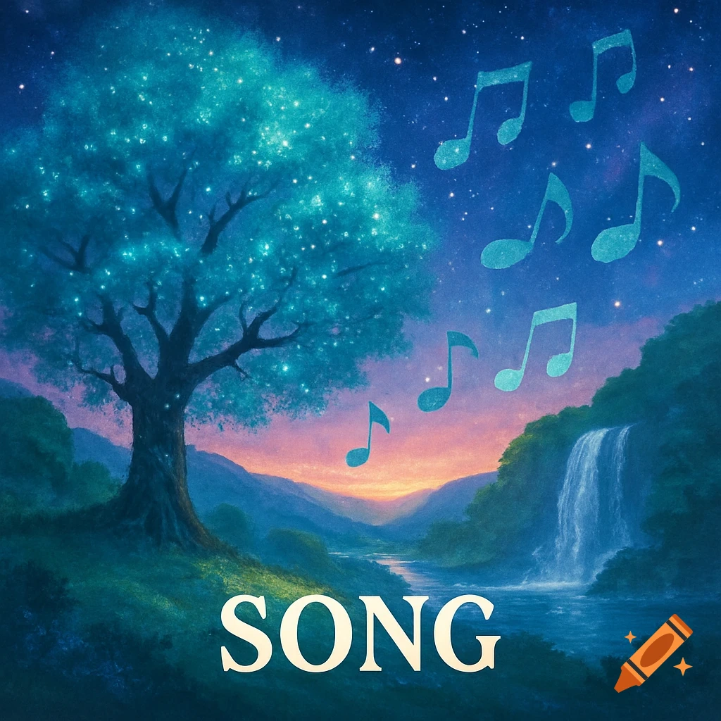 A fantasy landscape at night with a glowing tree, musical notes, a ...
