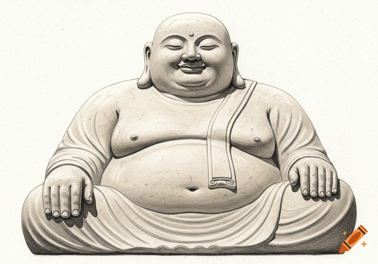 A pencil drawing of a seated, laughing Buddha statue, rendered with ...