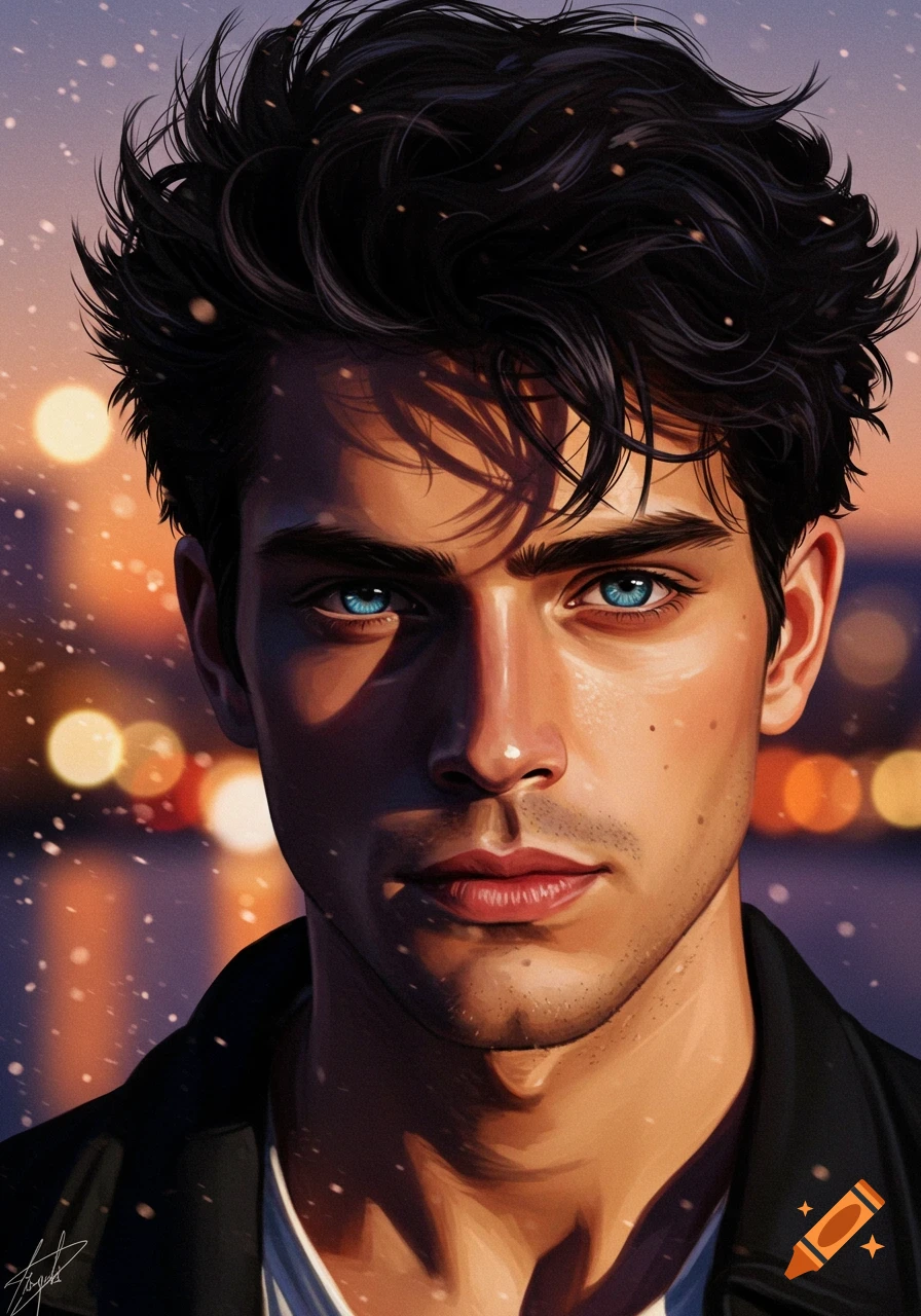 Digital art portrait of a man with brown hair and light eyes, wearing a ...