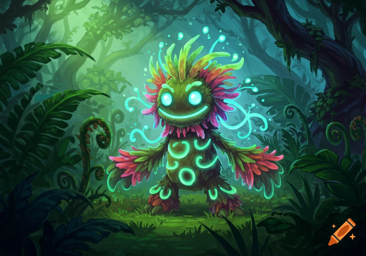 A happy, glowing green and pink plant monster with bright eyes in a ...