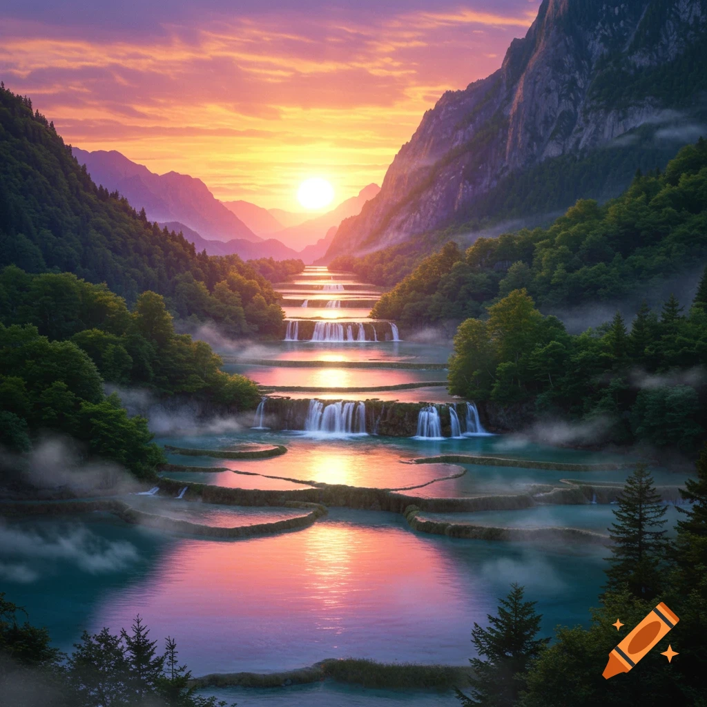 Photorealistic tiered waterfalls cascading down a mountain valley at ...