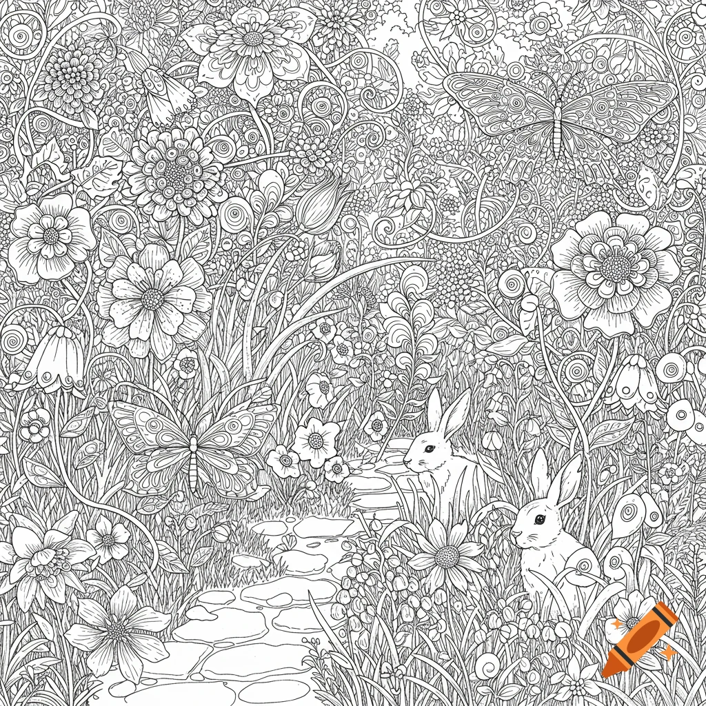 Detailed black and white line art of a whimsical garden with flowers ...