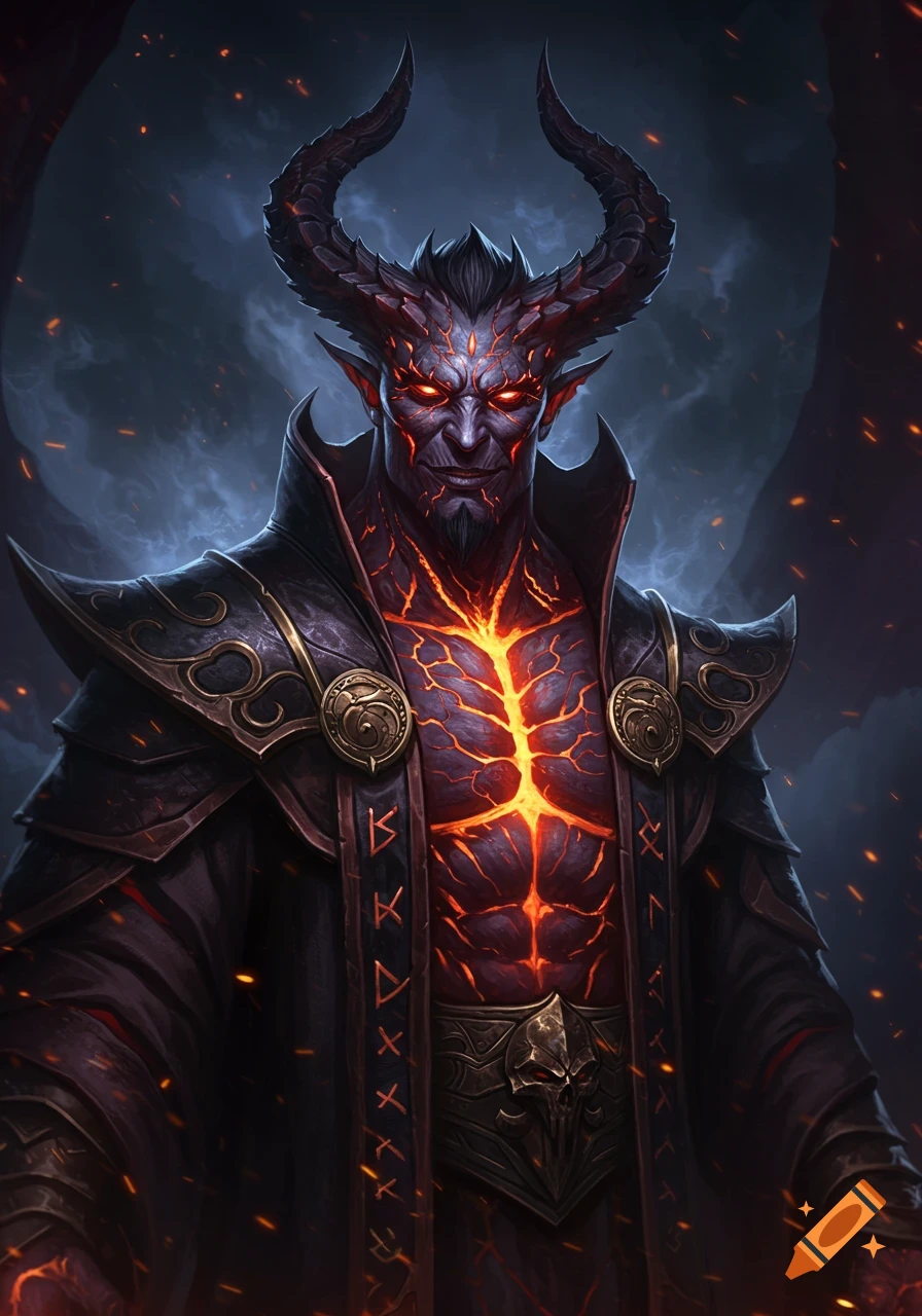 A detailed dark fantasy portrait of an evil sorcerer with black horns, glowing red eyes, and ...