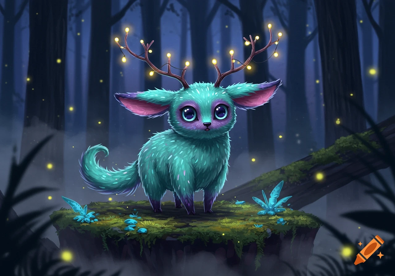 A cute, fluffy grey creature with big ears and small horns stands in a ...