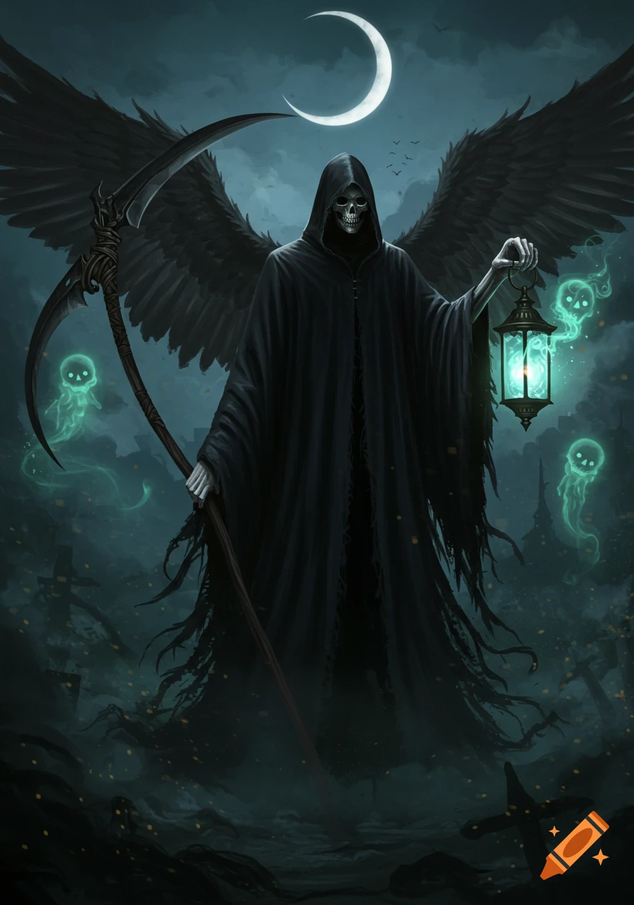 A retro cartoon grim reaper holding a scythe, surrounded by glowing ...