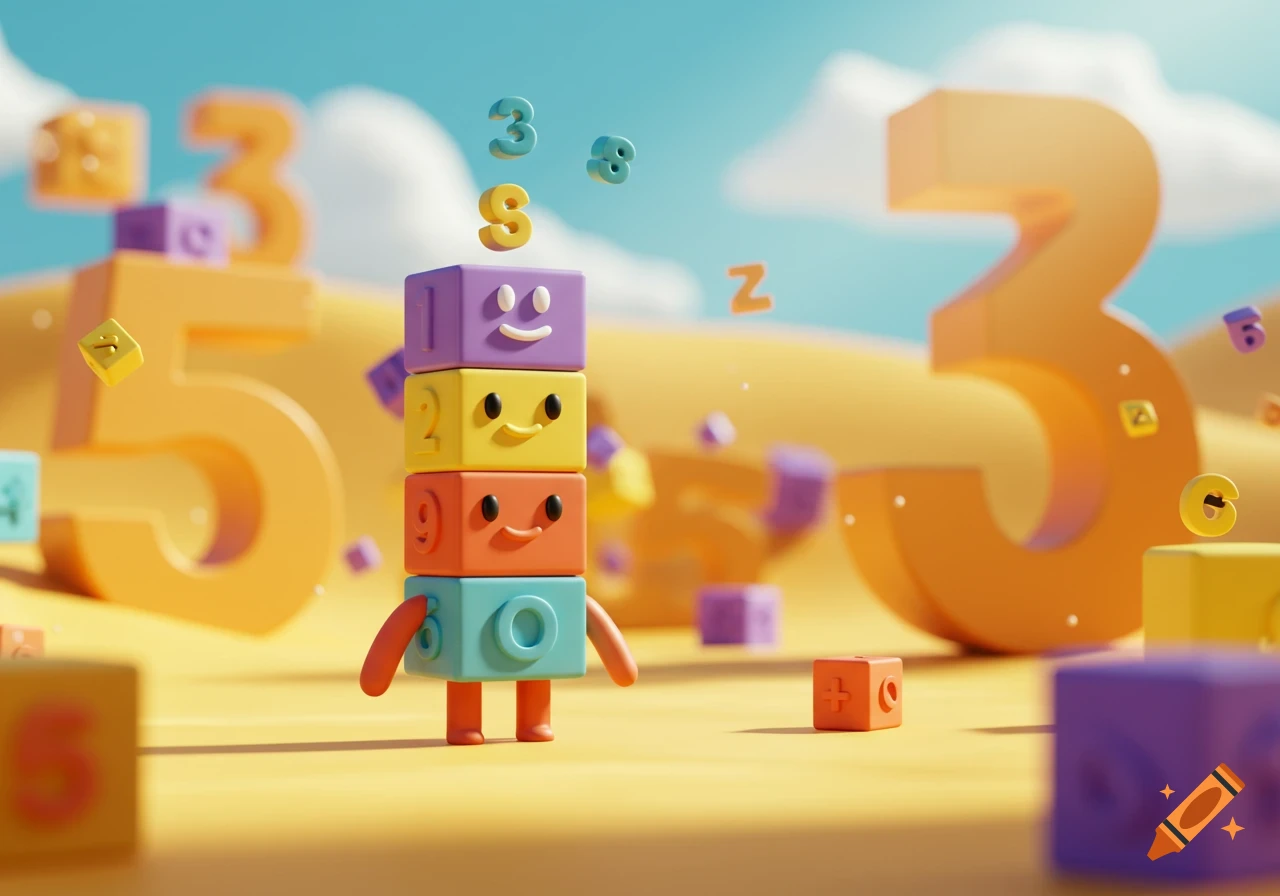 A happy blue cube character stands on a colorful checkered path in a ...