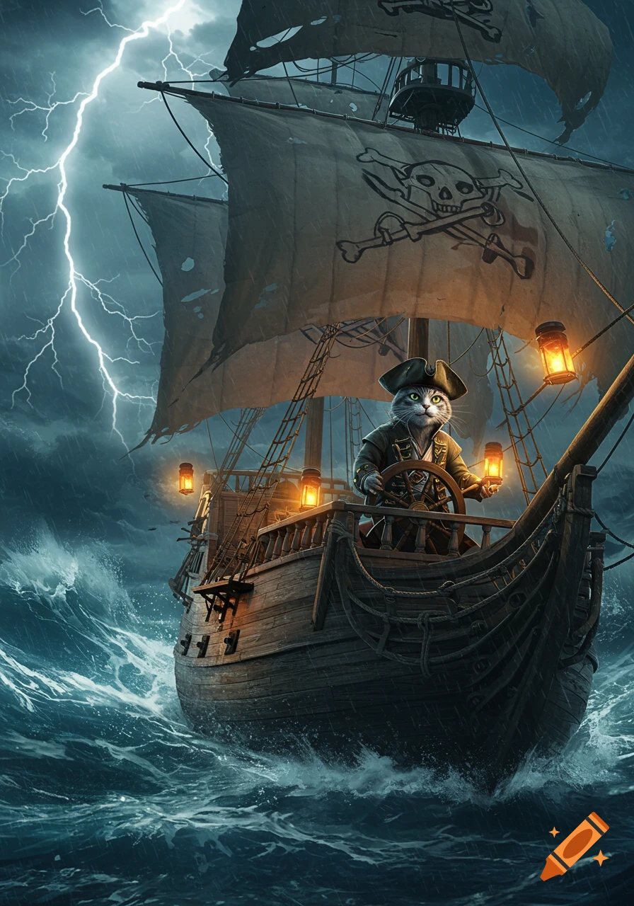 A joyful old pirate with a beard and a tricorne hat holds a scroll that ...