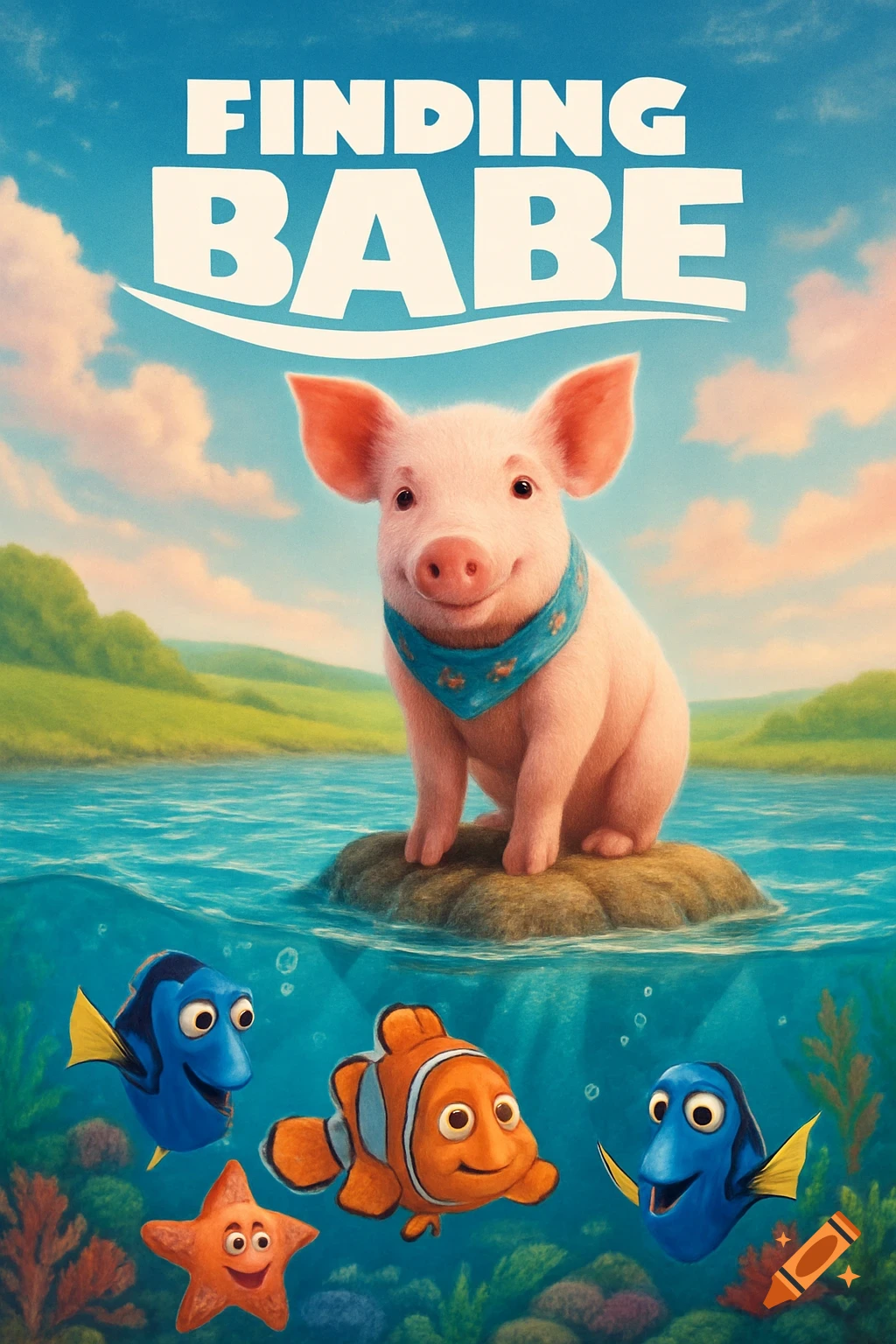 Cartoon movie poster for 'Finding Babe' with a pig wearing a blue ...
