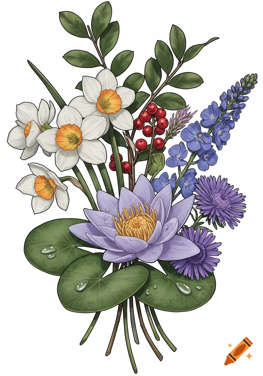 A botanical illustration of various tropical plants including dark ...