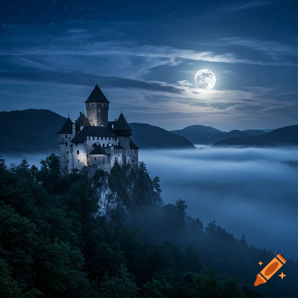 A stone castle with spired towers sits atop a rocky cliff overlooking a ...