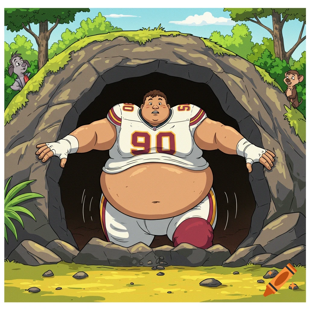 A humorous cartoon shows a portly NFL lineman stuck in a cave entrance ...