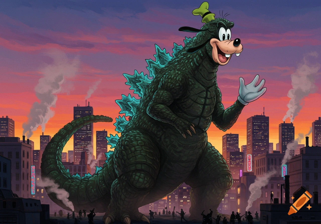 Giant Goofy with a Godzilla body walks through a city at sunset, with ...