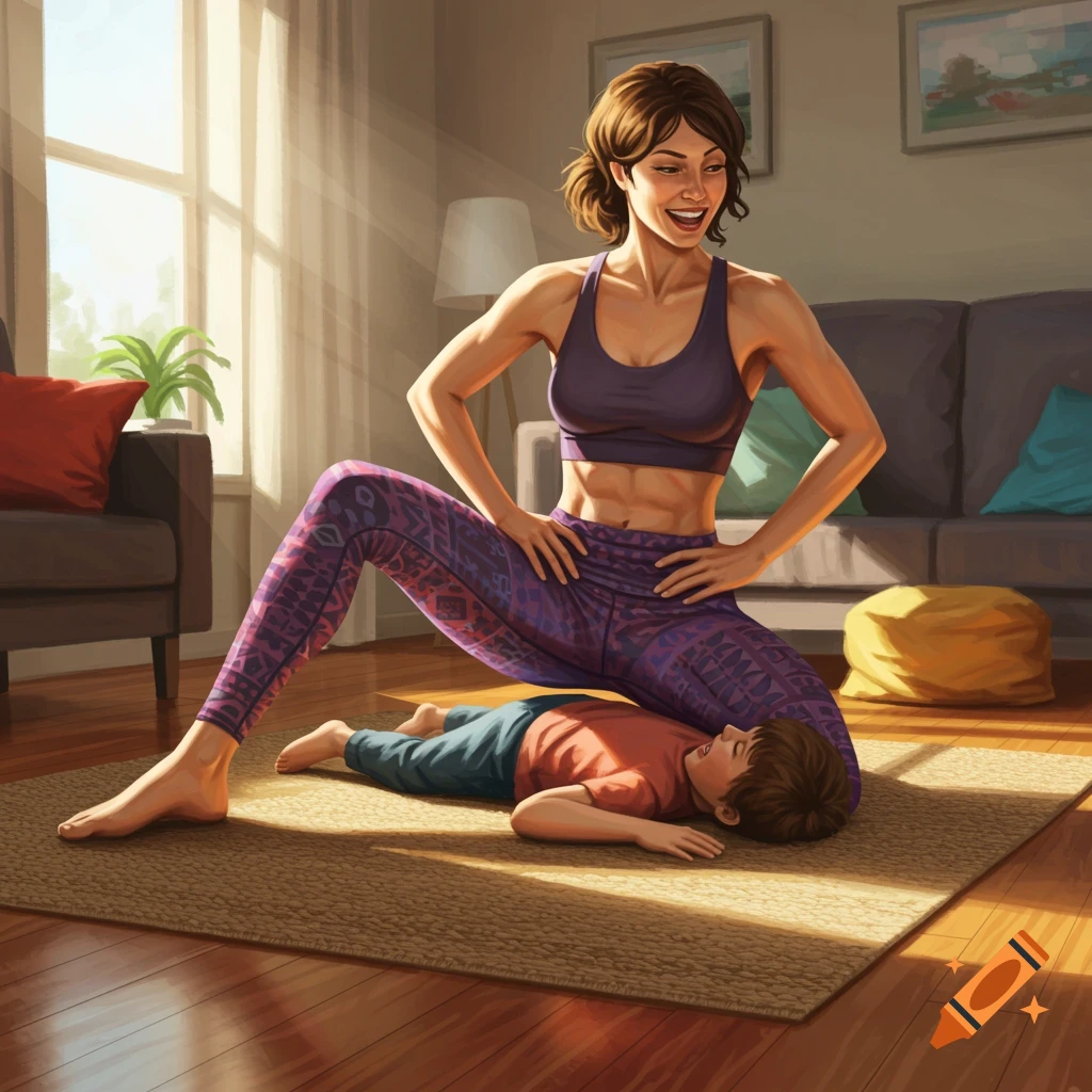 Morty, with wide eyes, tries a one-legged yoga pose while holding hands ...