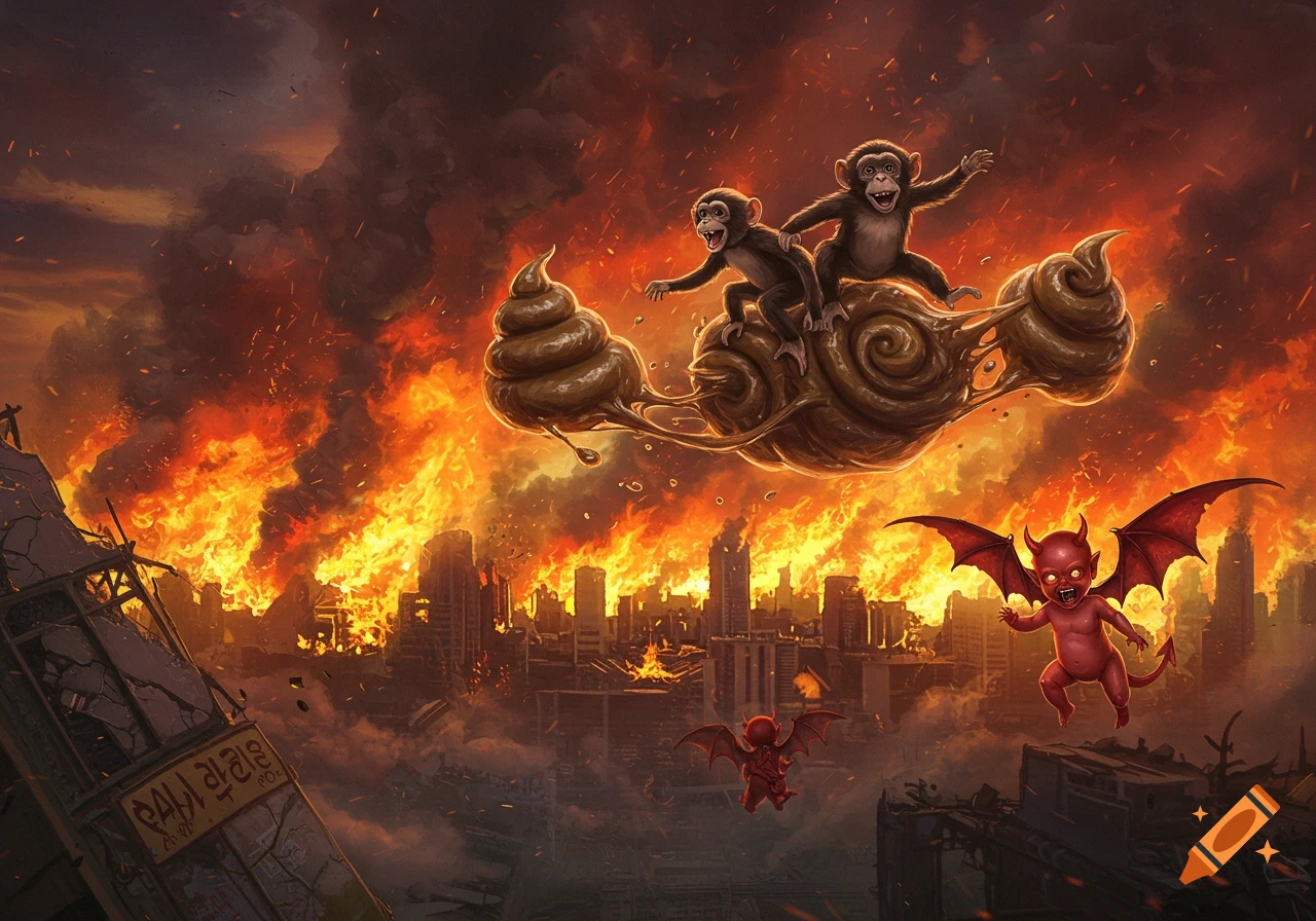 Cartoon monkeys fly on a giant poop snail over a burning city, chased ...