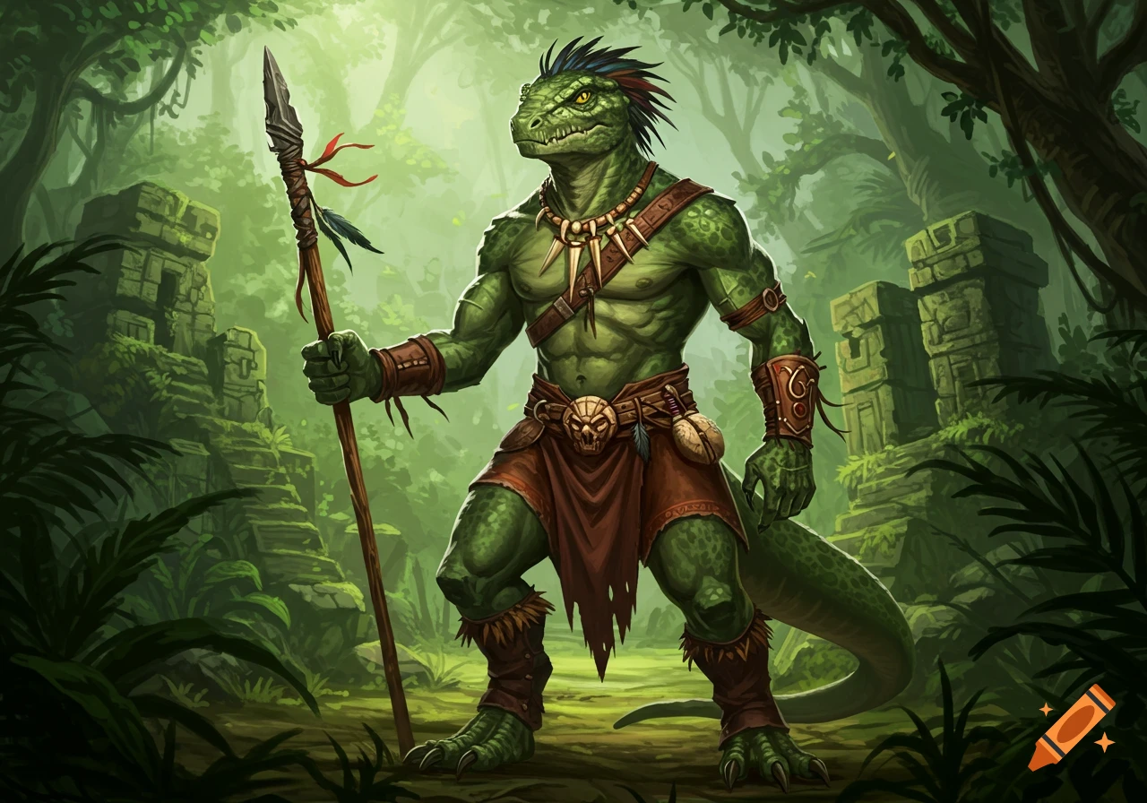 Muscular stone giant with colorful feathered headdress and spear ...