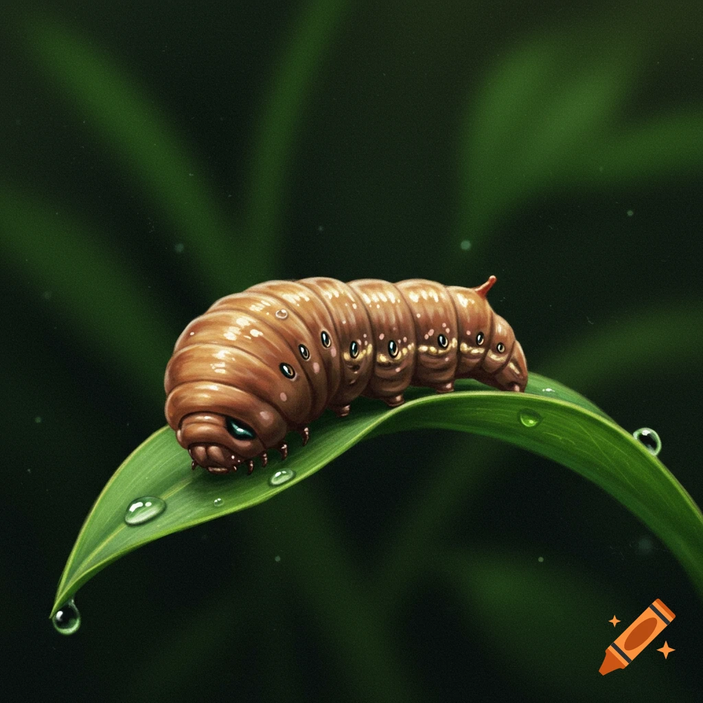 A cute, chubby caterpillar with large eyes sits on a green leaf with dew drops, in a dark, soft ...