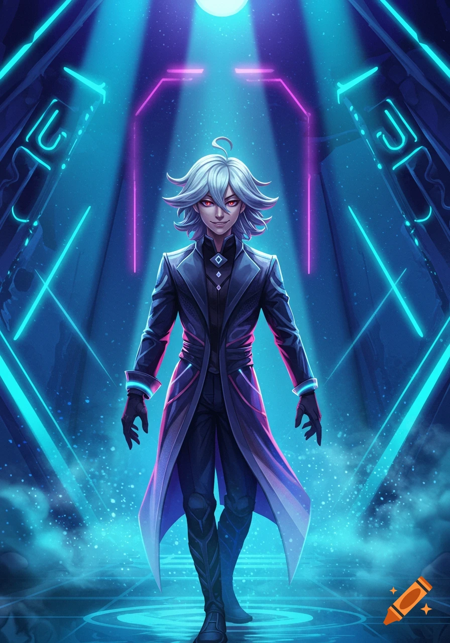 An anime-style male character with white hair and glowing yellow eyes ...