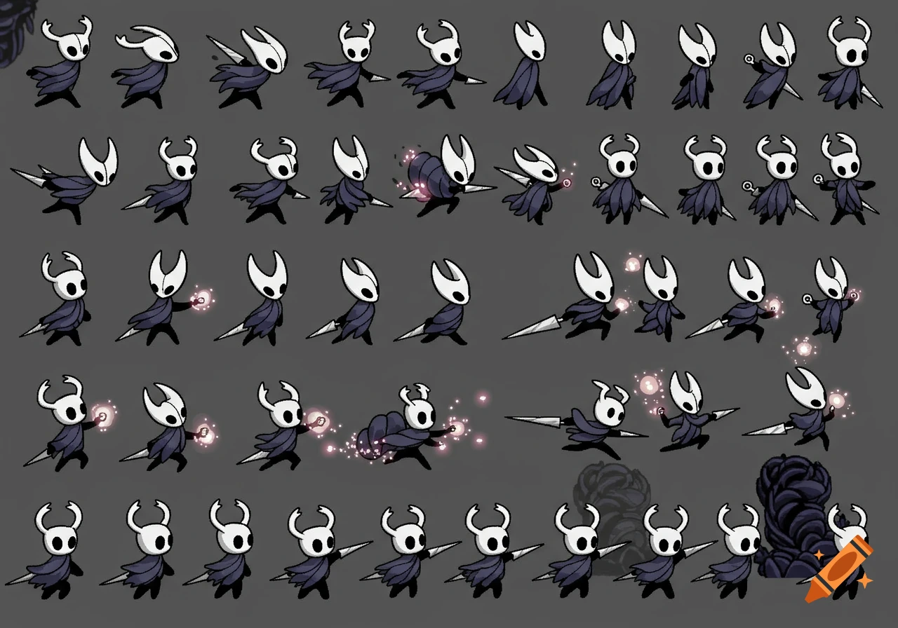 A Hollow Knight sprite sheet displaying the character in various ...