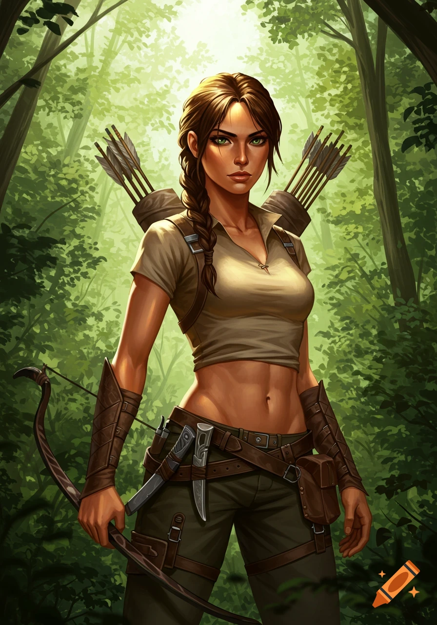 A determined female hunter with a bow and quiver of arrows stands in a ...