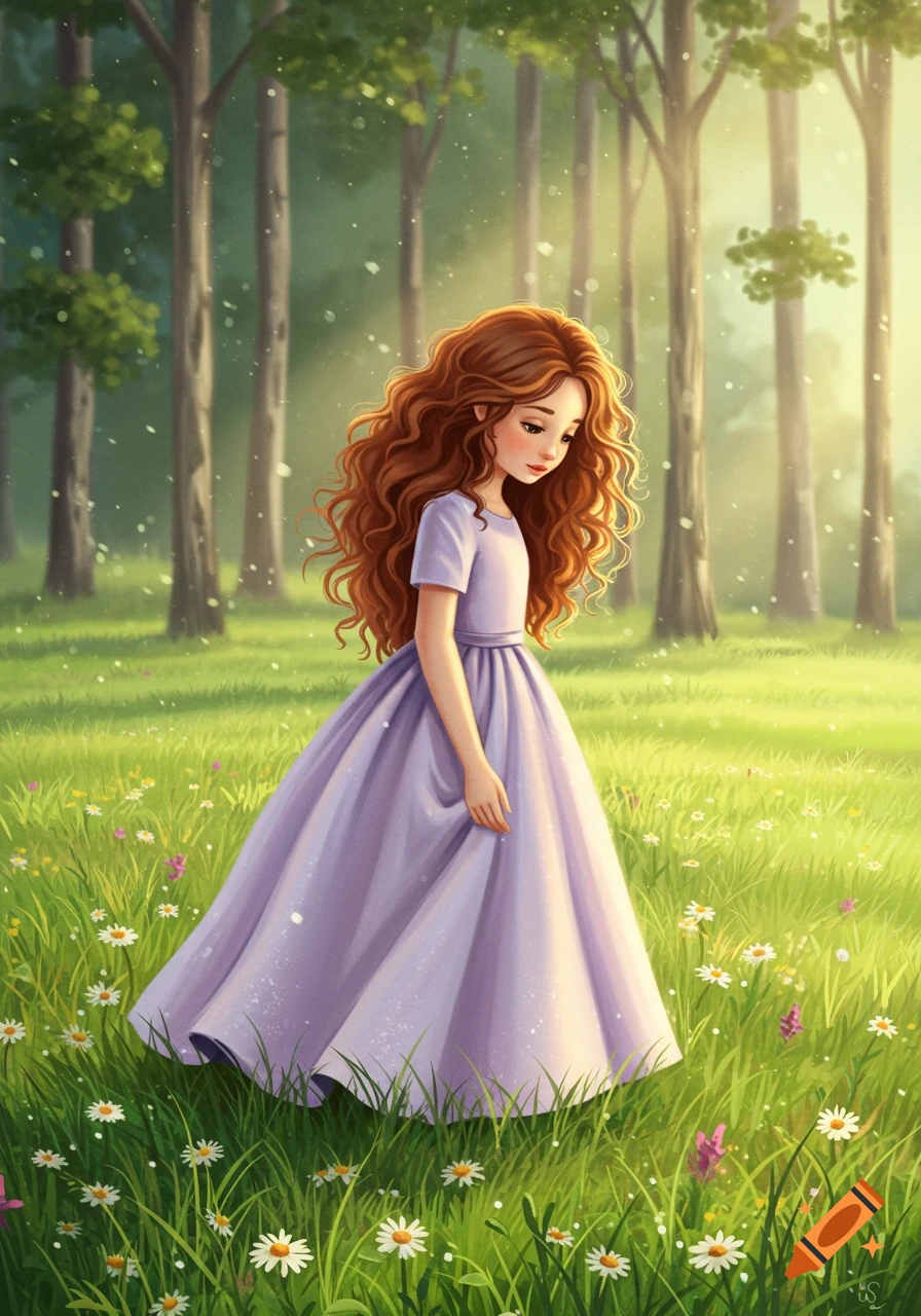 A young brown-haired girl in a purple and blue dress poses in a vibrant ...