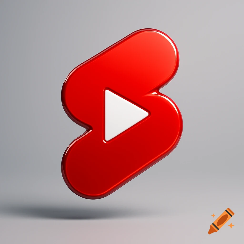 A red, glossy 3D YouTube Shorts logo with a white play button on a grey ...