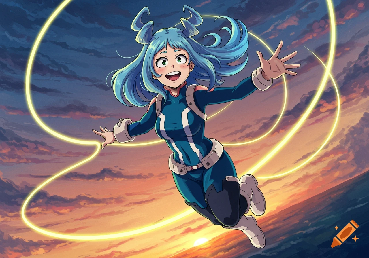 Anime girl in yellow firefighter gear sprays water at a burning ...