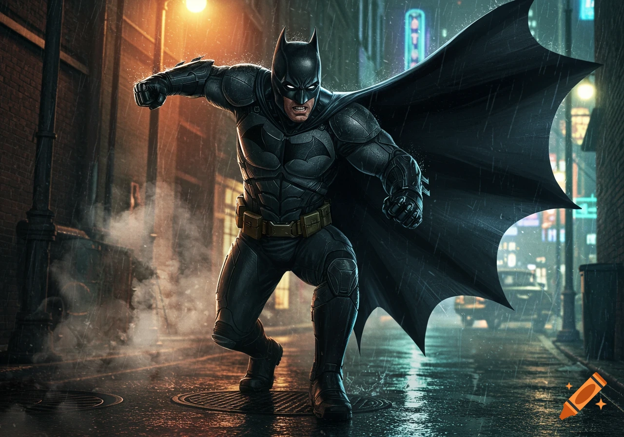 Batman in a dark, rainy city alley at night, poised to strike. Highly ...